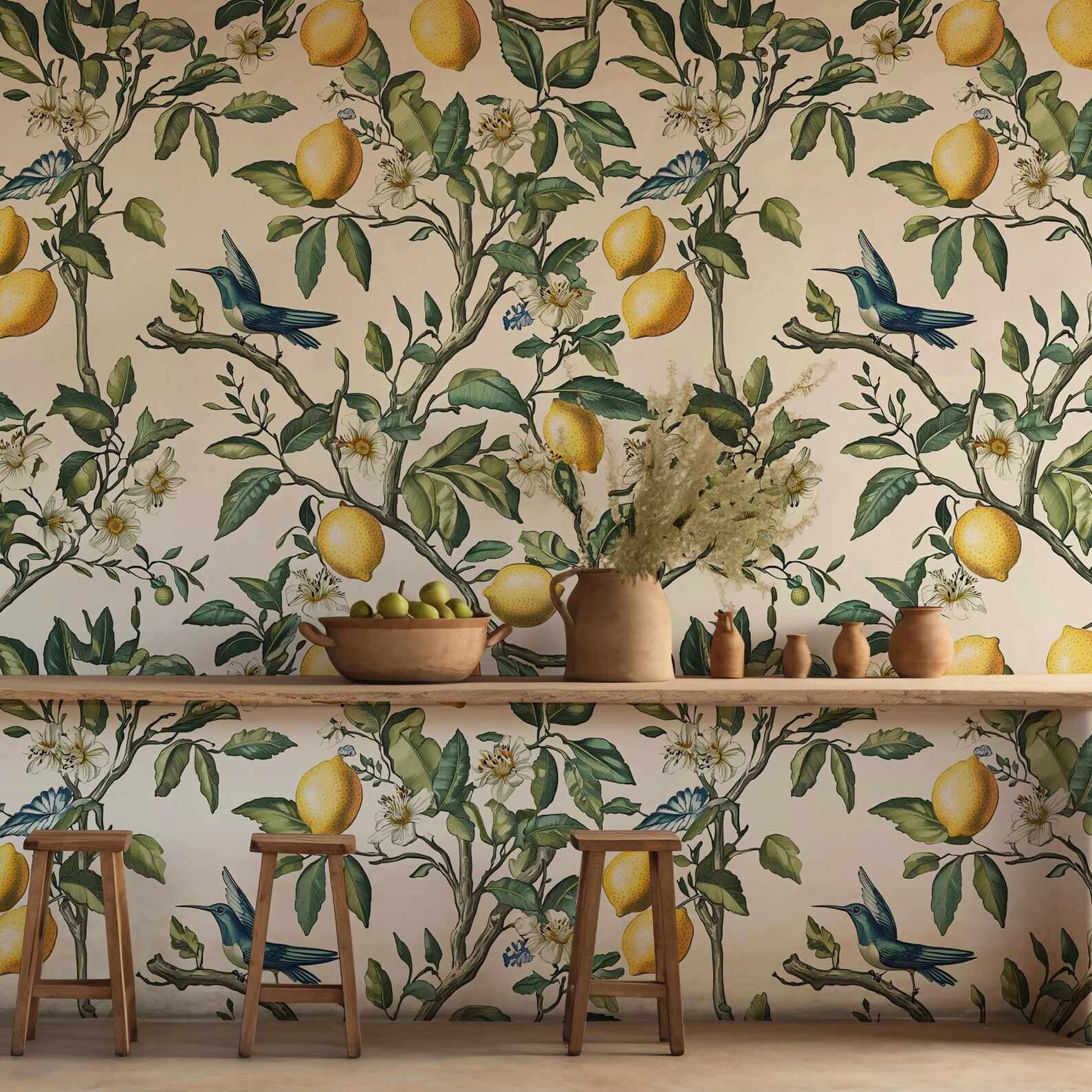 Vintage Lemon Wallpaper | Tropical Hummingbird Wallpaper | Botanical ...