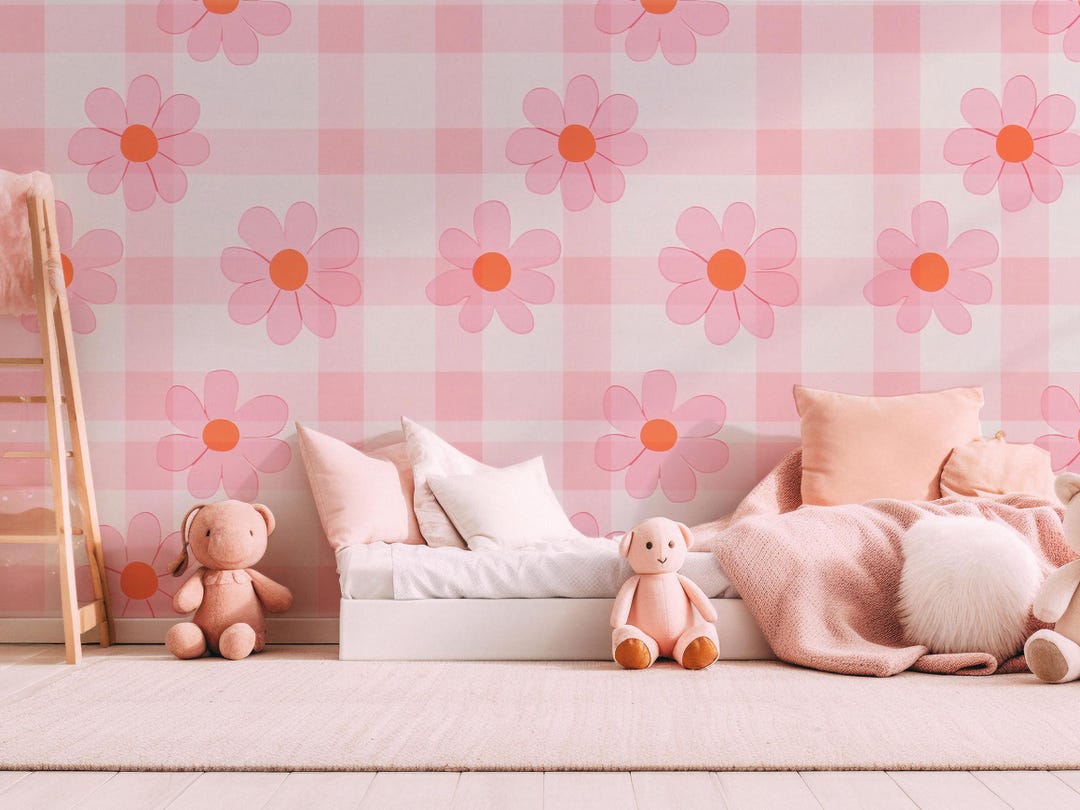 Checkered Wallpaper | Pink Daisy Wallpaper | Geometric Wallpaper ...