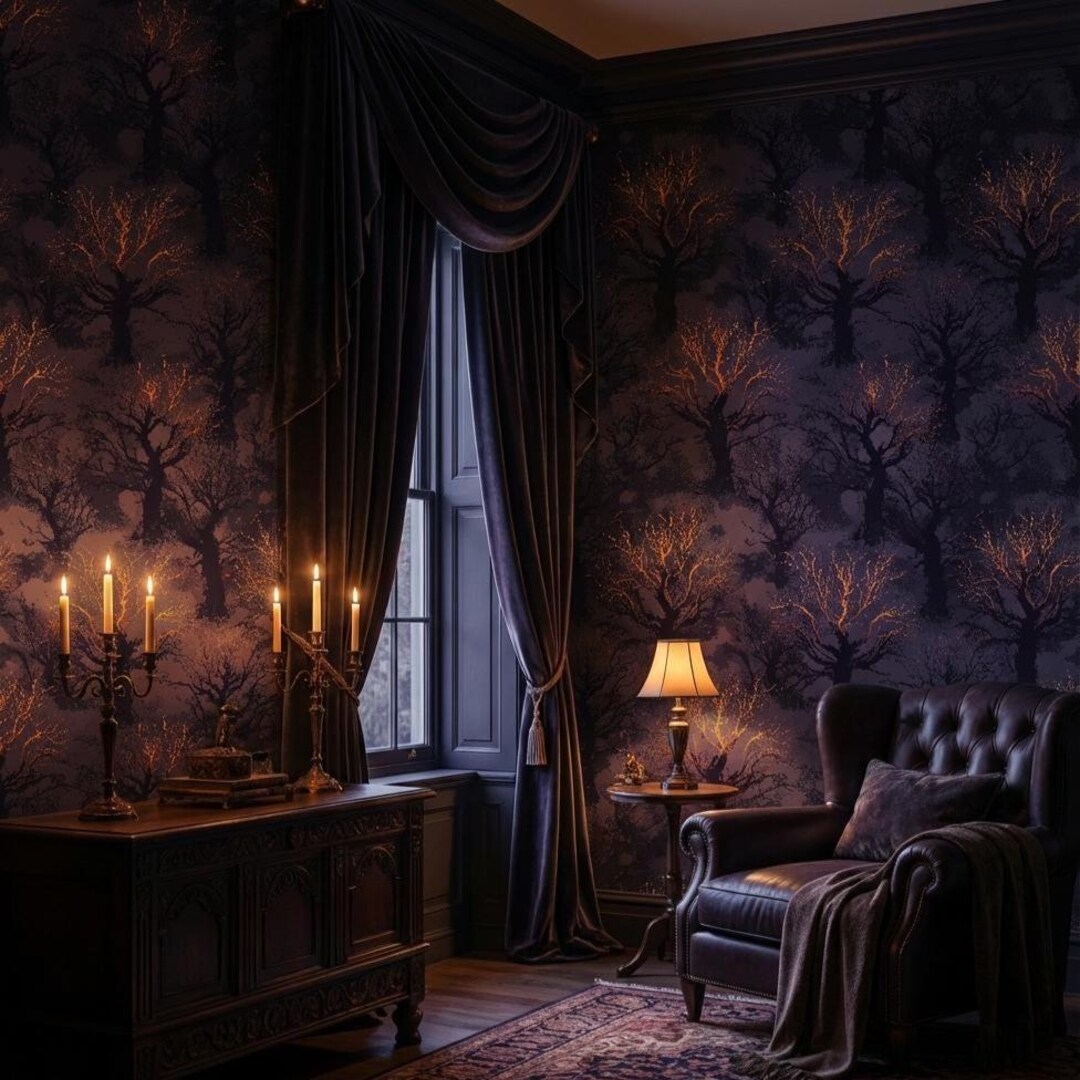 Midnight Ember Enchanted Forest Wallpaper | Golden Woodland Trees ...