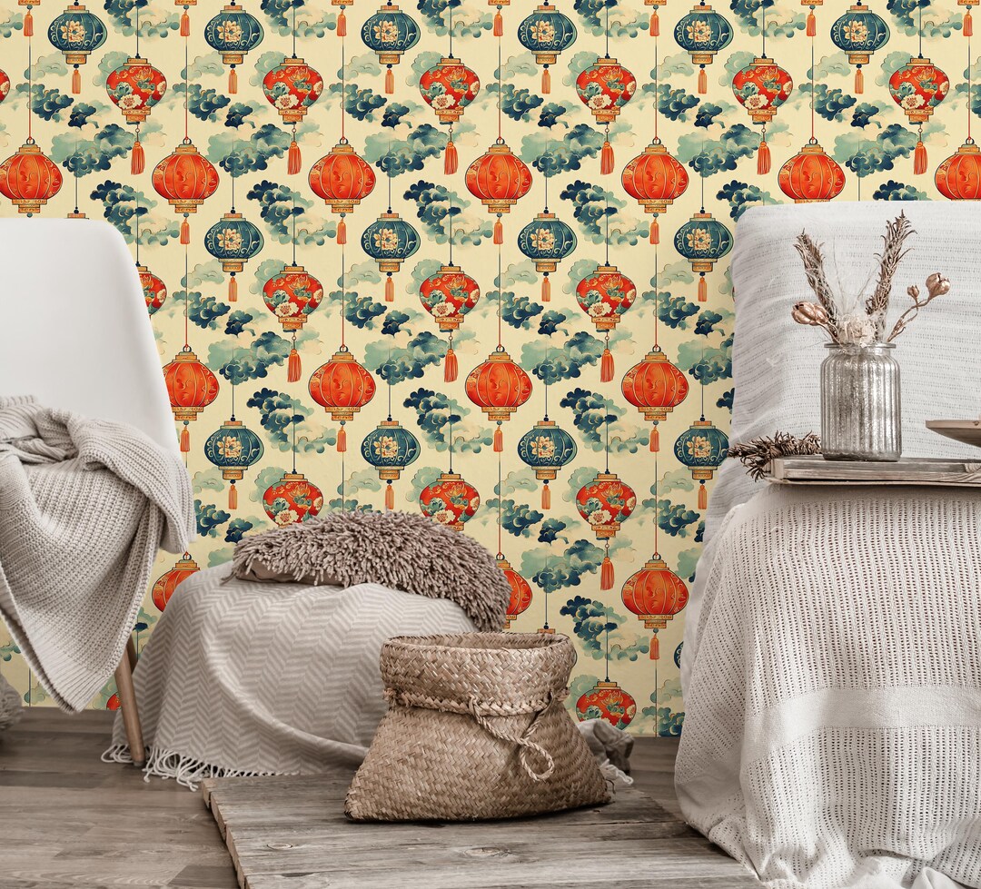 Asian Lantern Wallpaper Mural: Chinoiserie Peel and Stick Removable - Etsy