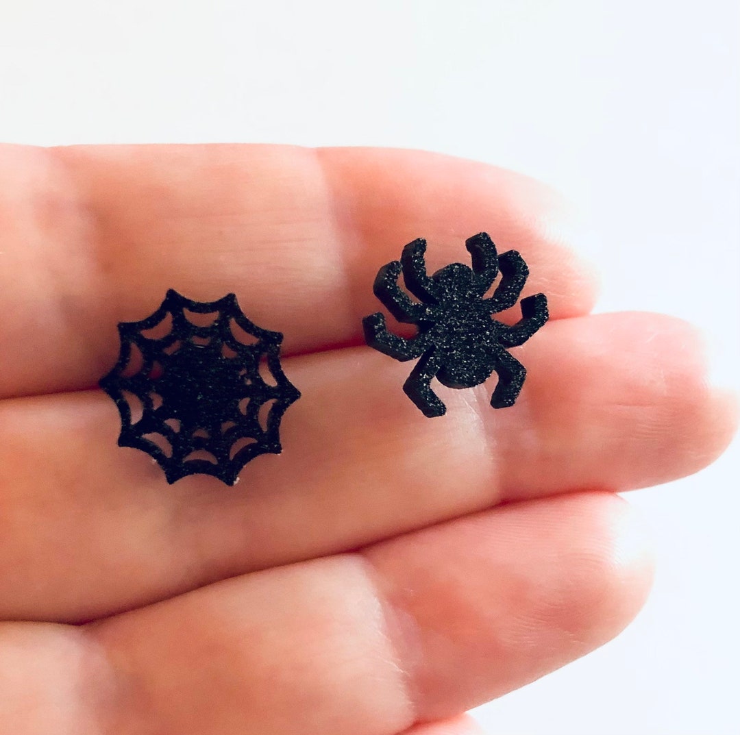 Mismatched Black Spider & Cobweb Stud Earrings Glitter Spider - Etsy