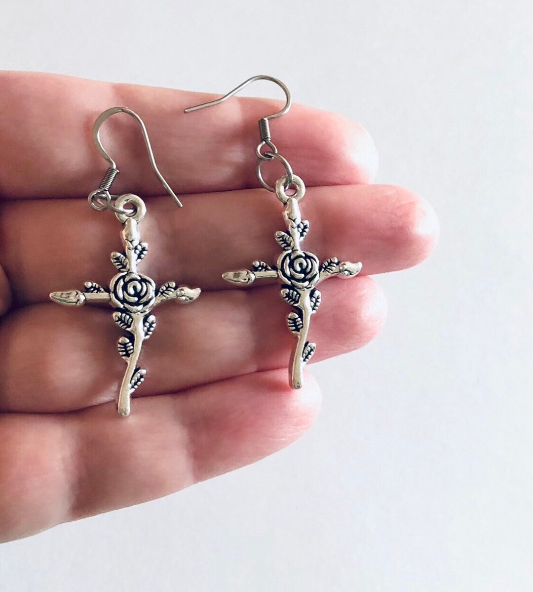 Silver Rose Cross Earrings, Gothic Rose Crucifix Earrings, Goth ...