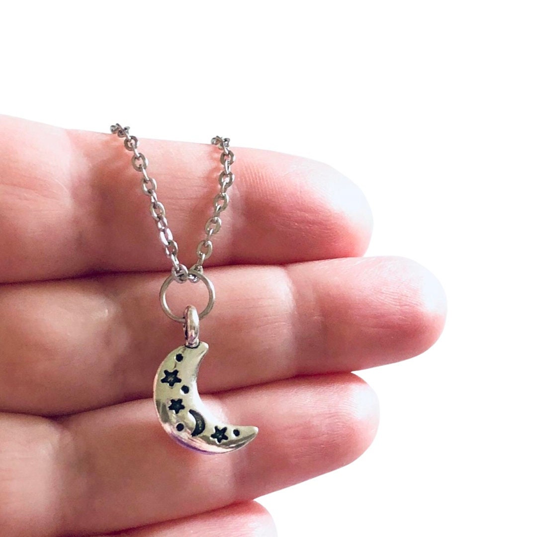 Celestial Moon Necklace, Silver Crescent Moon With Engraved Stars ...