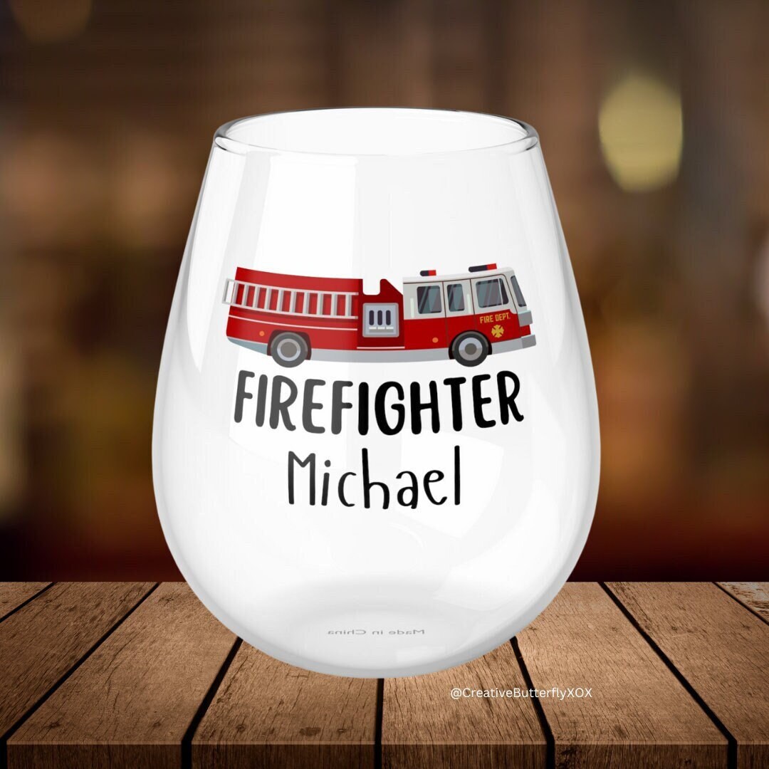 Personalized Firefighter Wine Glass, Custom Fireman Stemless Wine Glass ...