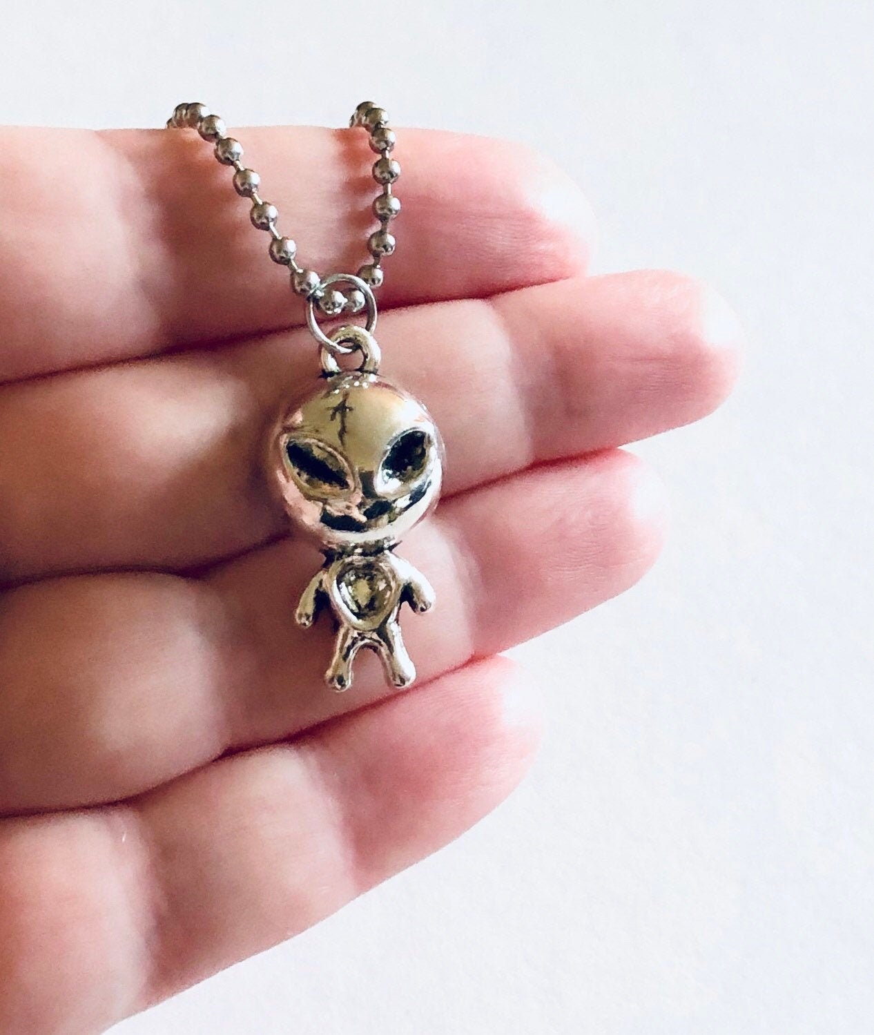 Alien Necklace Stainless Steel Ball Chain with Silver Aliens | Etsy