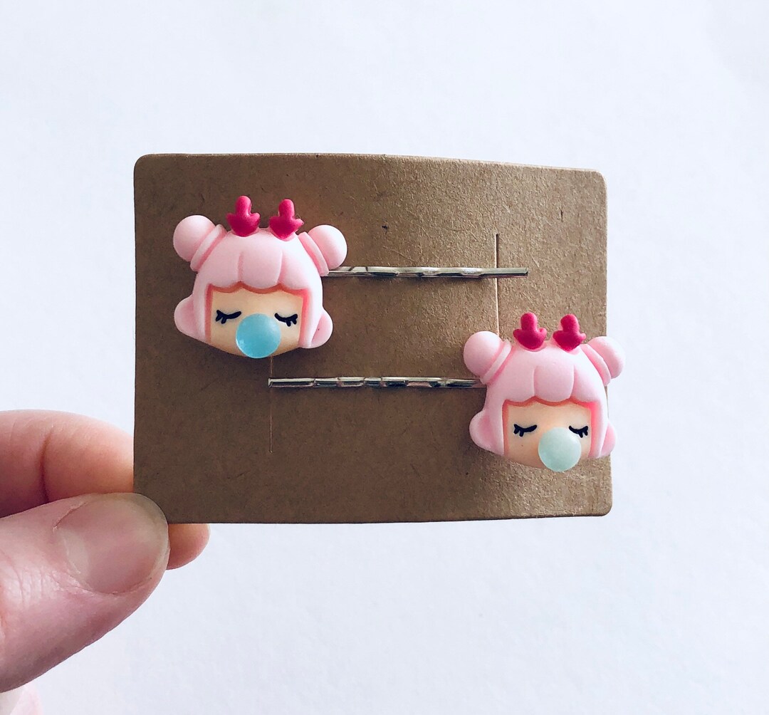 Pink Haired Girl Blowing Bubbles Hair Clips, Girl Bobby Pins, Pastel ...