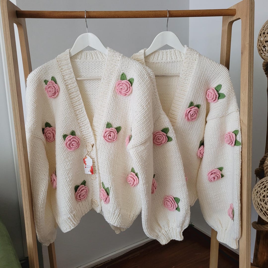 Pink Roses Cardigan, Gift for Women, Hamdmade Sweaters Women, Floral ...
