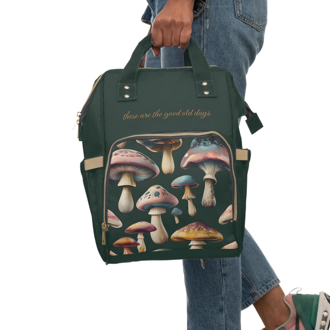 Dark Teal Mushroom Print Diaper Backpack, Multipurpose Baby Bag, Teal ...