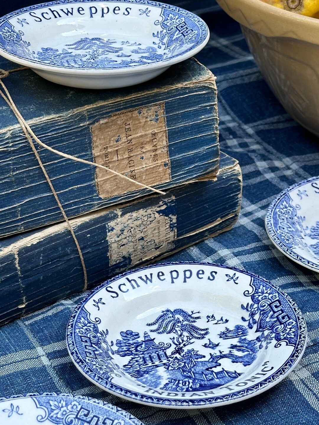 Vintage French Schweppes Change Plates, Blue and White Bistro Money ...
