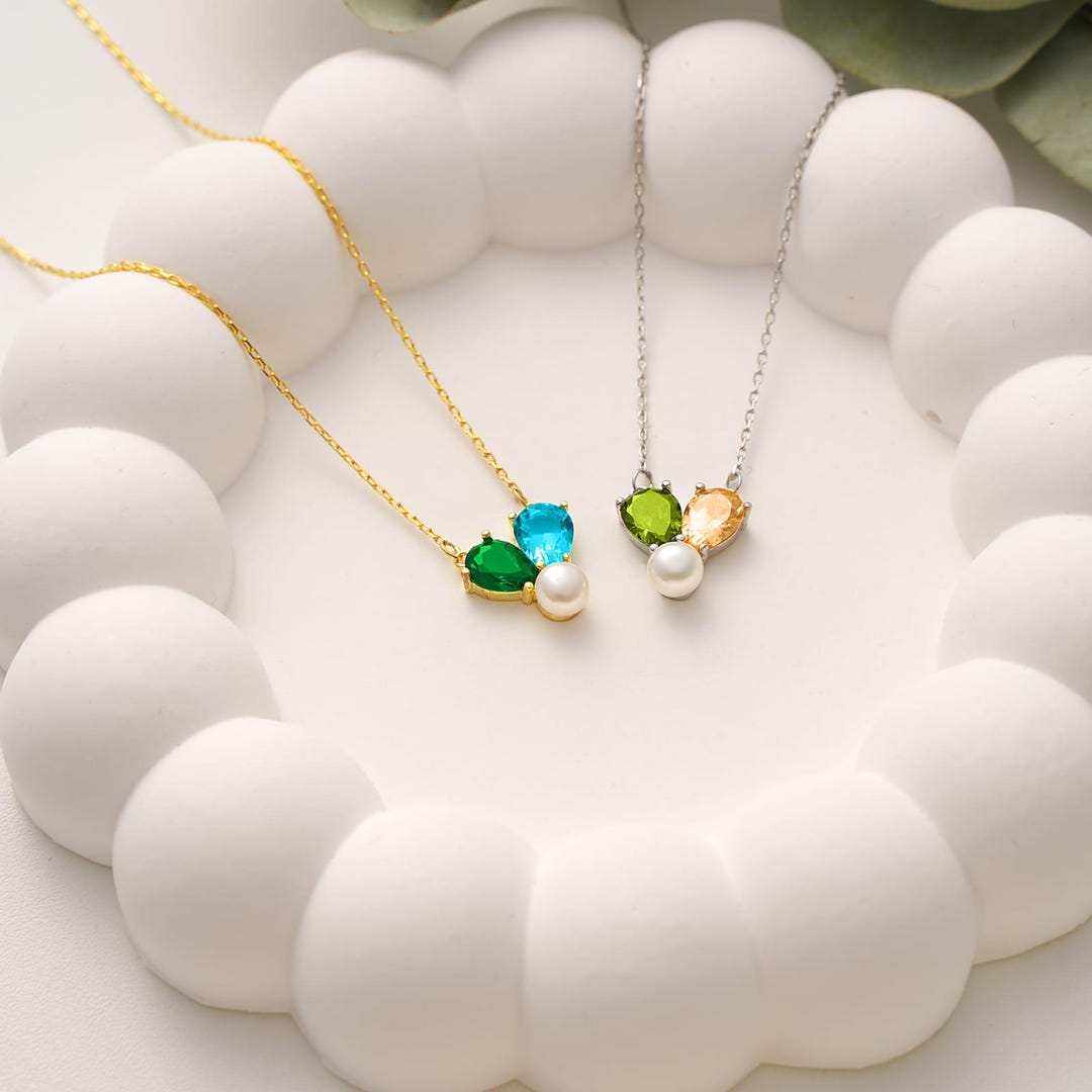 Dual Birthstone Pearl Necklace, Matching Birthstone Pearl Pendant, Toi ...