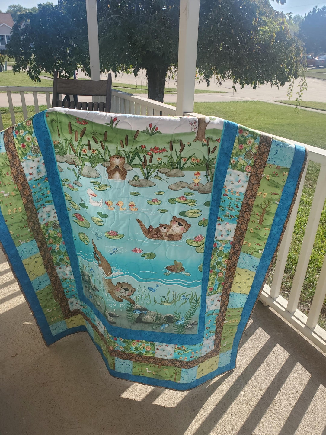 River Romp Baby Quilt, Otters, Blue and Green Unisex Baby Quilt - Etsy