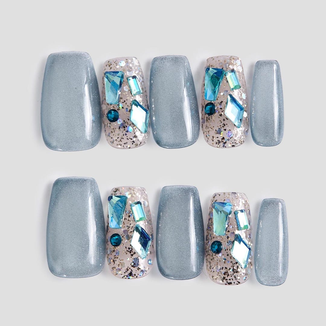 Blue Glitter Gem Crystal Press on Nail,cat Eye Press on Nails,fake ...