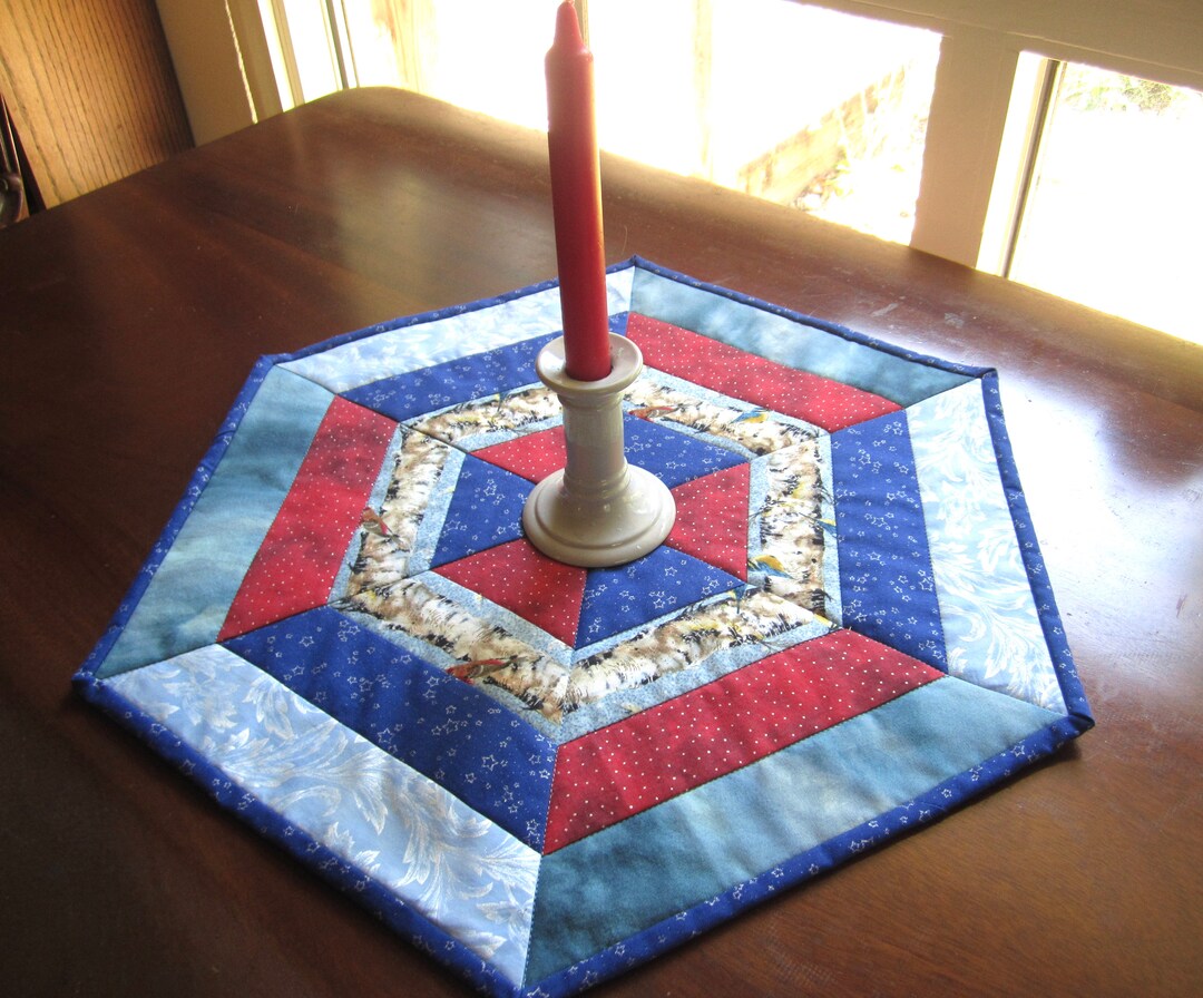 Quilted Table Topper red and Blue Birds Hexagonal Table Decor, Quiltsy Handmade, Table Center ...