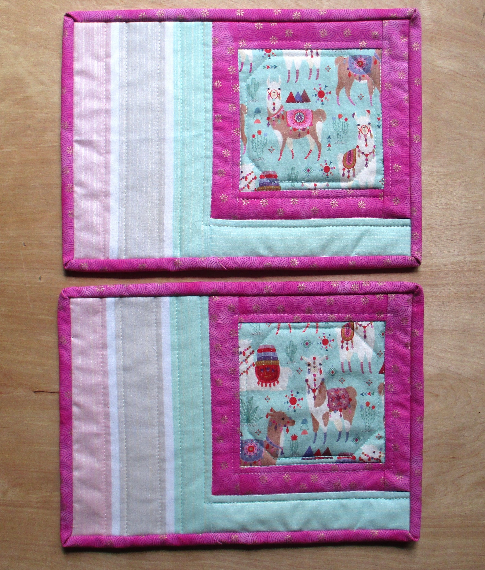 Quilted Mug Rugs "happy Llamas" Small Placemats in Aqua Blue and Pink ...