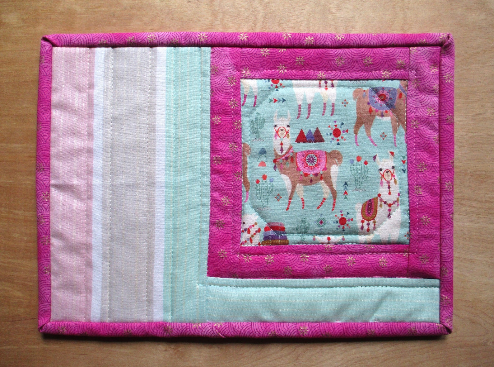 Quilted Mug Rugs "happy Llamas" Small Placemats in Aqua Blue and Pink ...