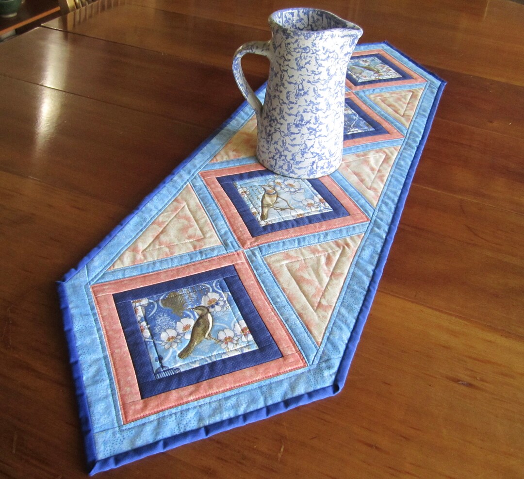 Quilted Table Runner in Blue and Peach fancy Birds and Flowers Long ...
