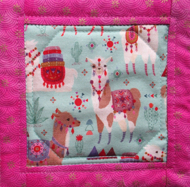 Quilted Mug Rugs "happy Llamas" Small Placemats in Aqua Blue and Pink ...