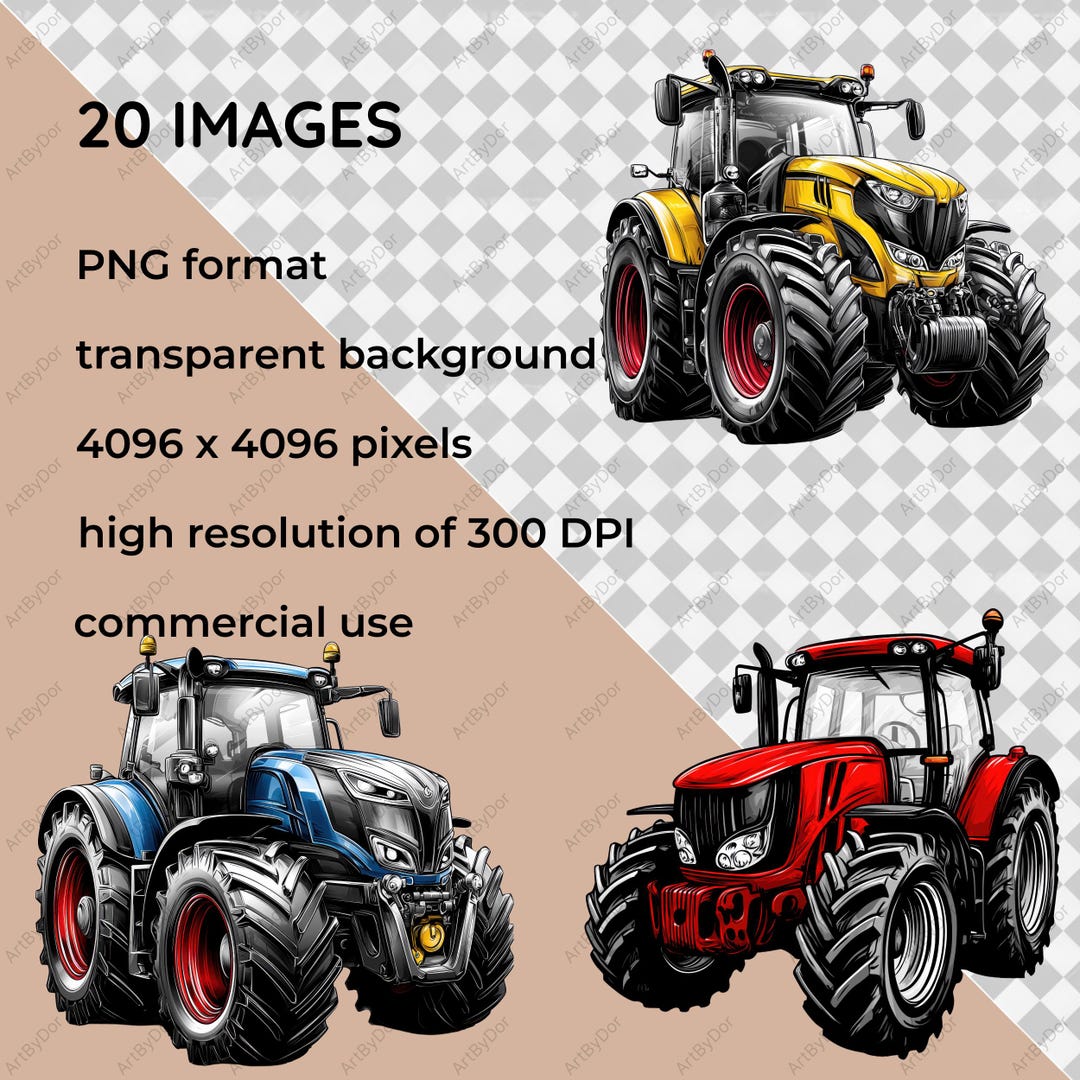 Cartoon Tractors, 20 PNG, Kids Clipart Scrapbooking, Card Design ...