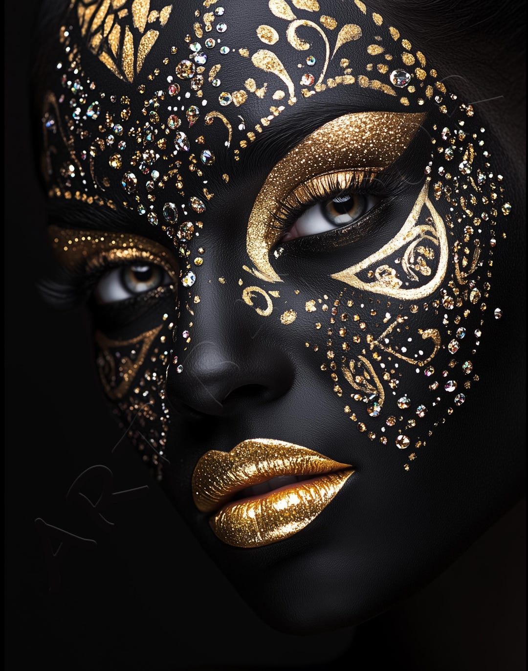 Elegant Black and Gold Face Patterns: Contemporary Digital Art of an ...