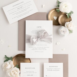 Neutral Wedding Invitations Custom Printed Simple, Classic, Monogram Style With Ribbon, Vellum ...