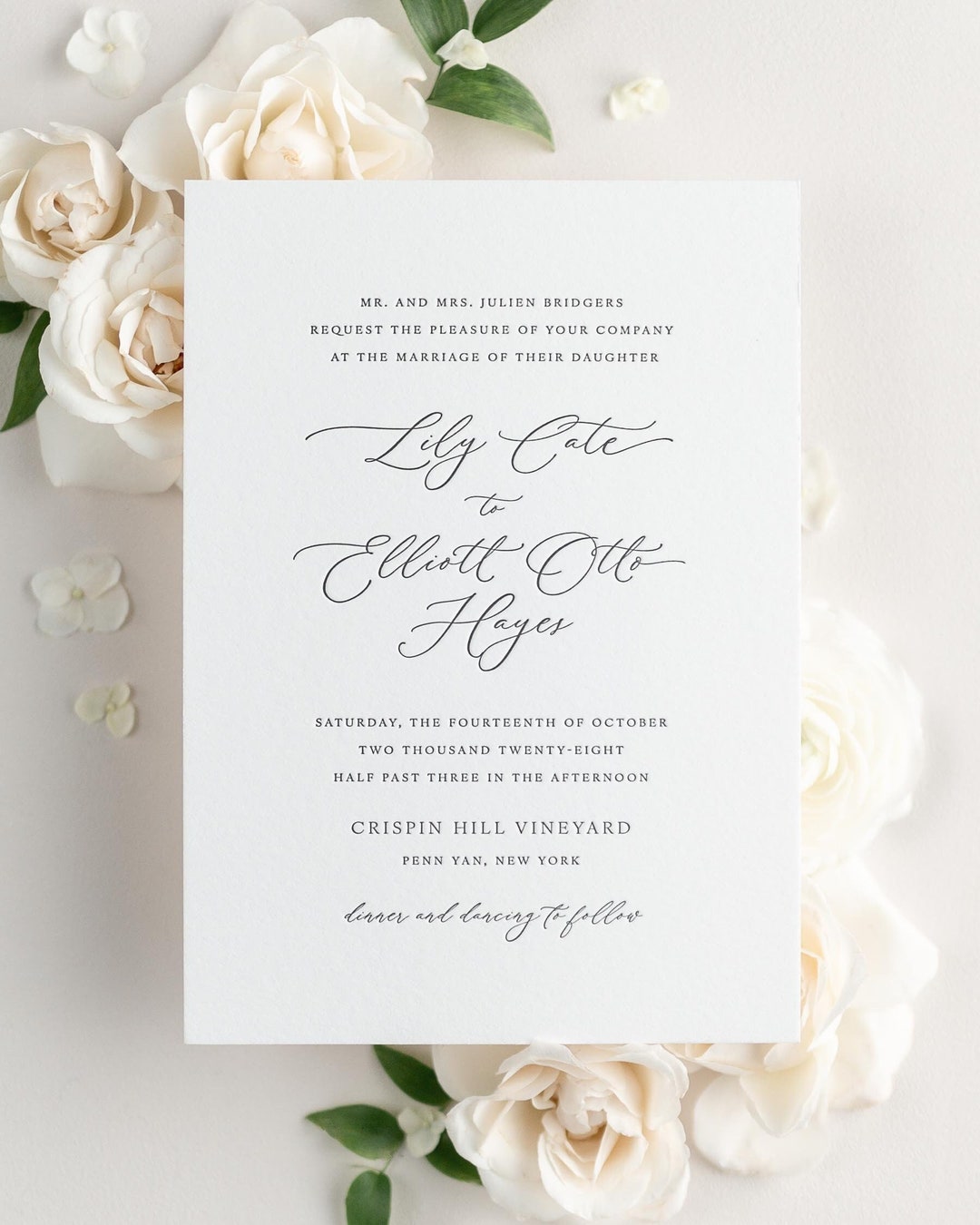Lily Letterpress Wedding Invitations: Script Calligraphy, Ribbon Detail ...