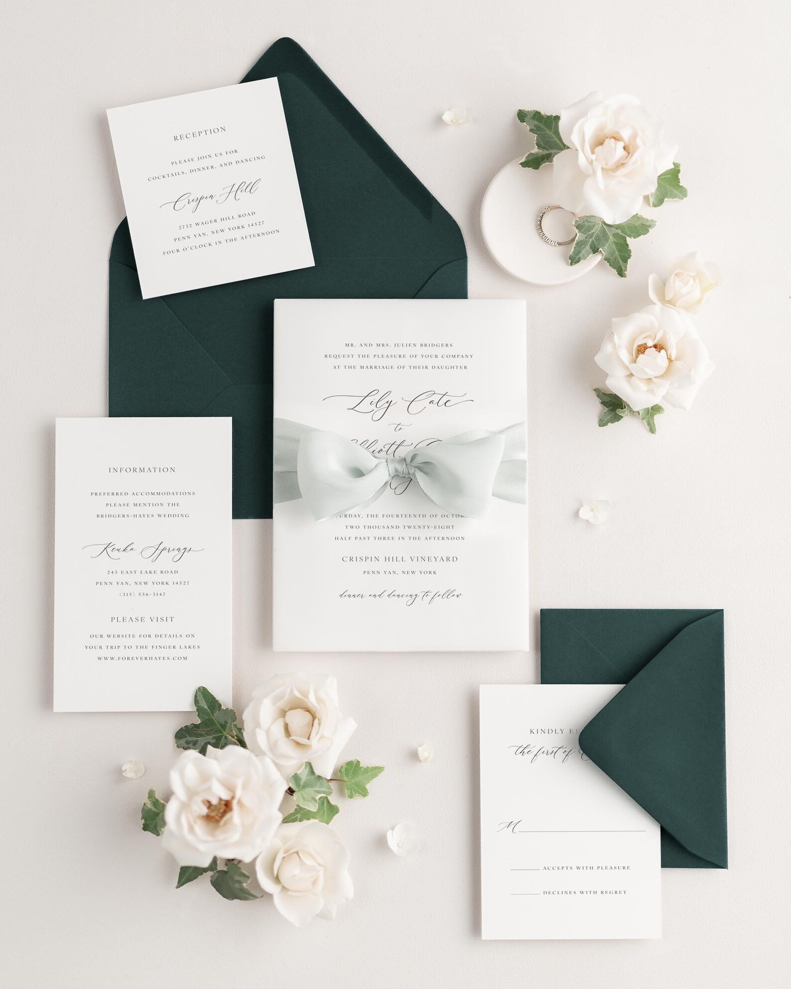 Lily Letterpress Wedding Invitations: Script Calligraphy, Ribbon Detail ...