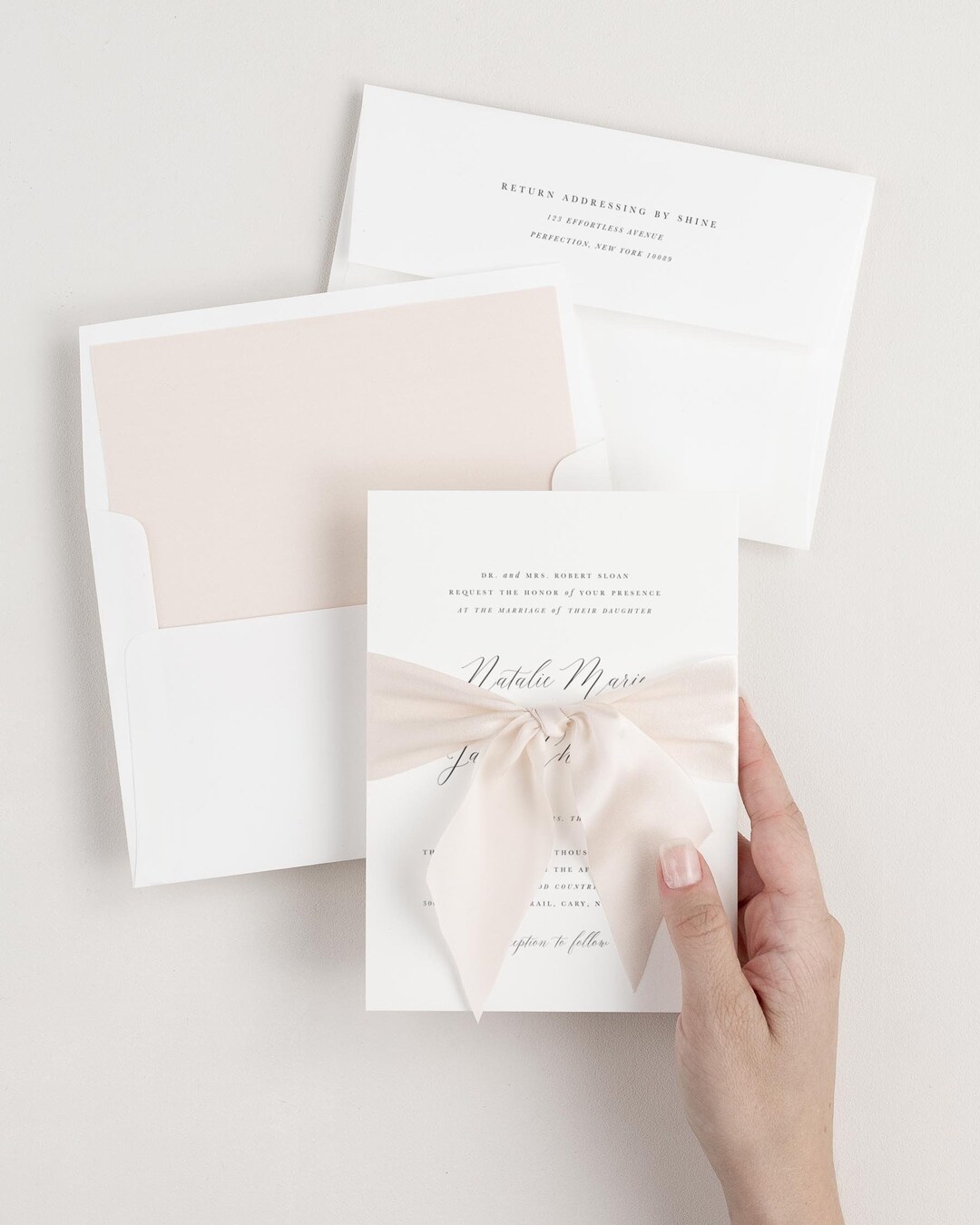 Natalie Ribbon Wedding Invitation Deposit Script Invite, Modern, Blush ...