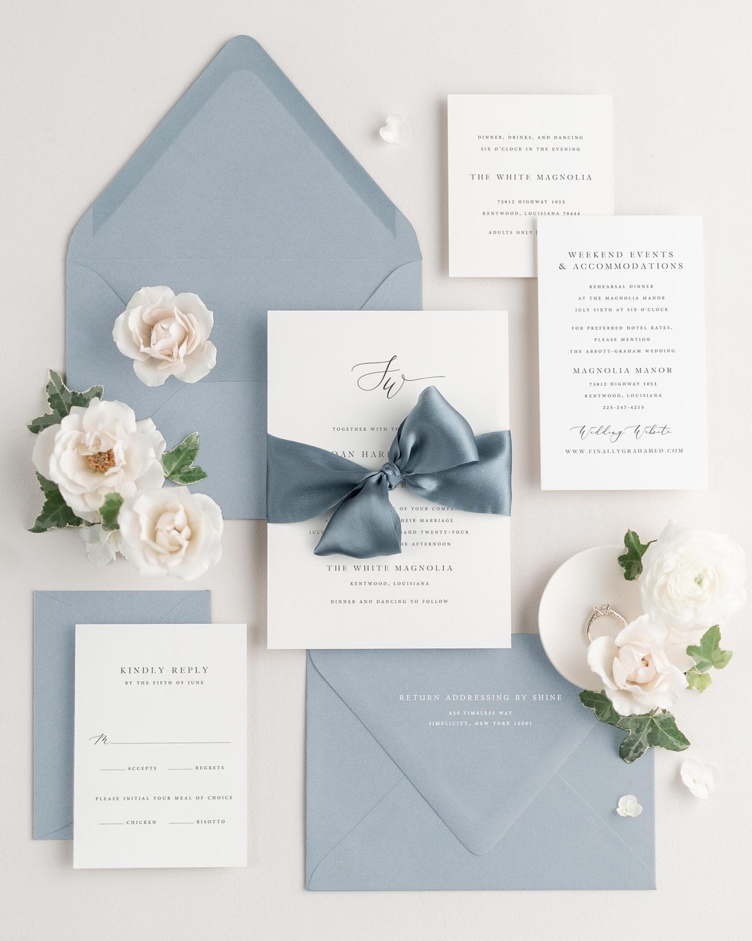 Light Blue Wedding Invites Ribbon, Monogram Custom Printed Choose ...