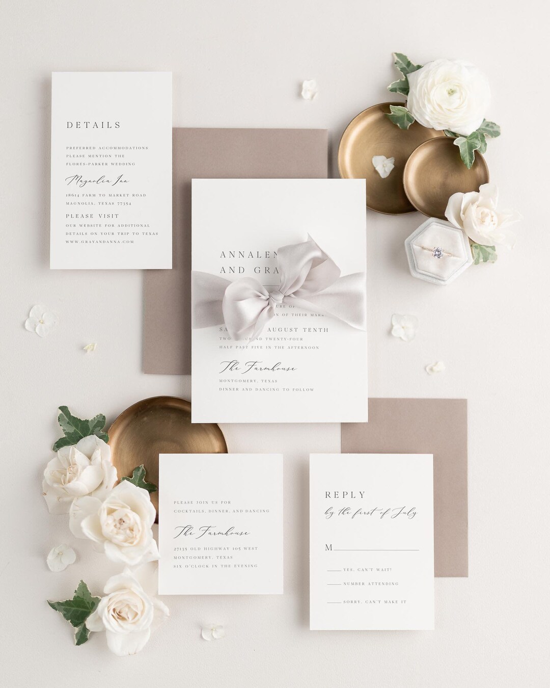 Neutral Ribbon Wedding Invitations: Simple Script Annalena Design - Etsy