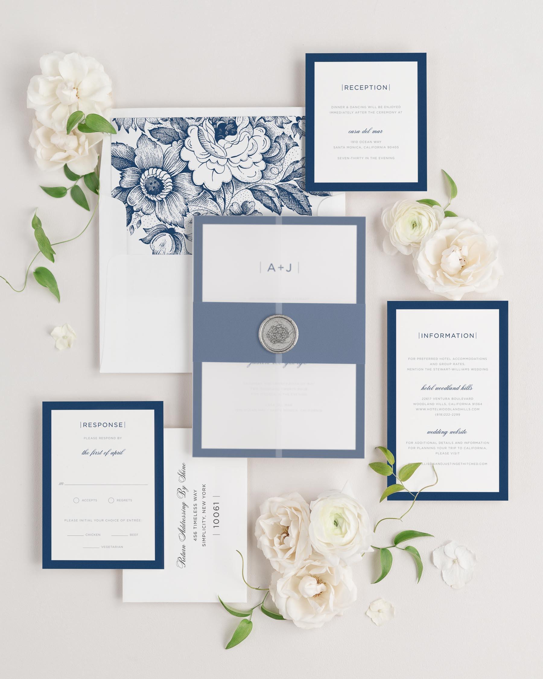Navy Blue Wedding Invitation: Modern Monogram, Dark Blue Envelopes - Etsy