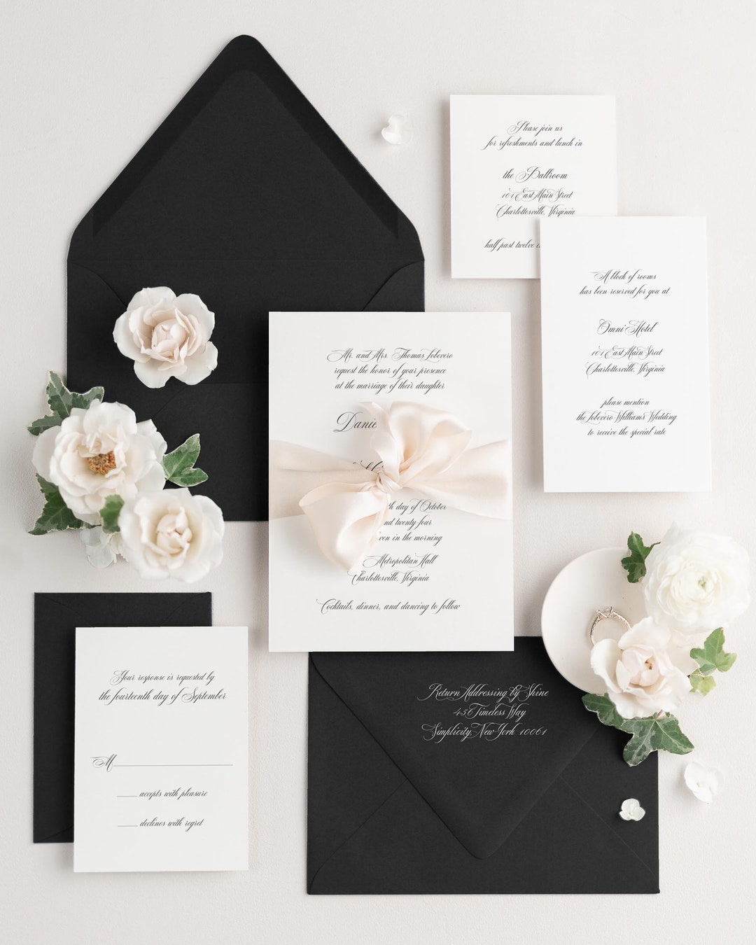 Black Wedding Invitations | Ribbon, Traditional, All Script | Choice of ...