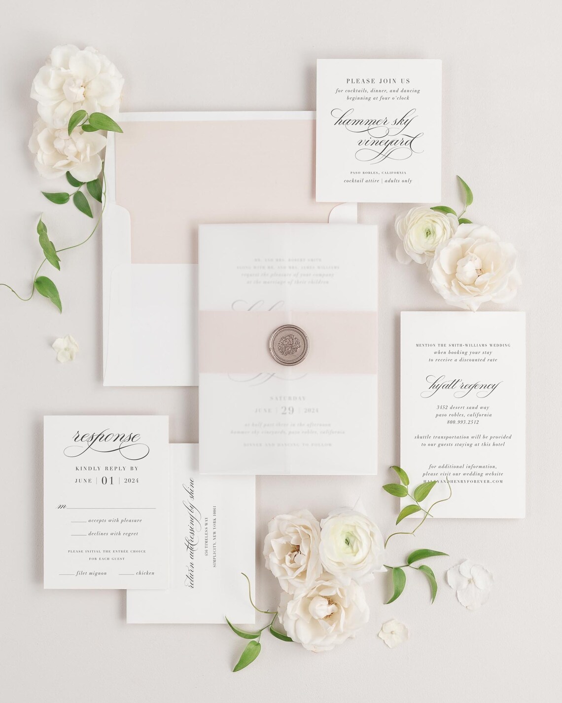 Haley Wedding Invitations Sample: Script Calligraphy, Ribbon & Rose ...