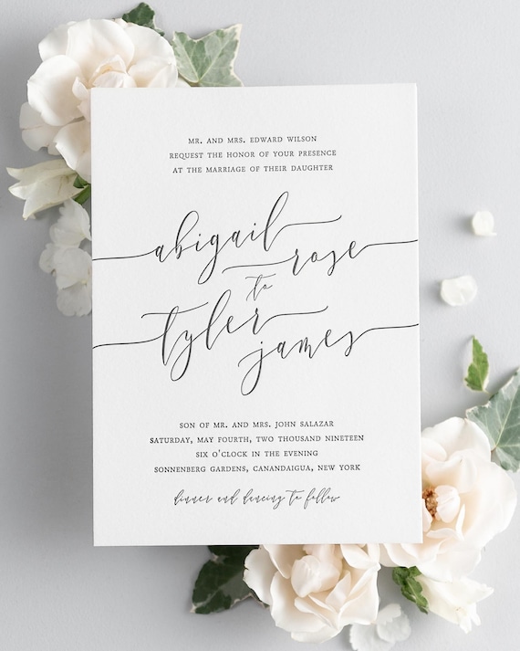 Romantic Calligraphy Letterpress Wedding Invitations Sample Script Ribbon Vellum Timeless Elegant Large Names Blue Wedding Etsy