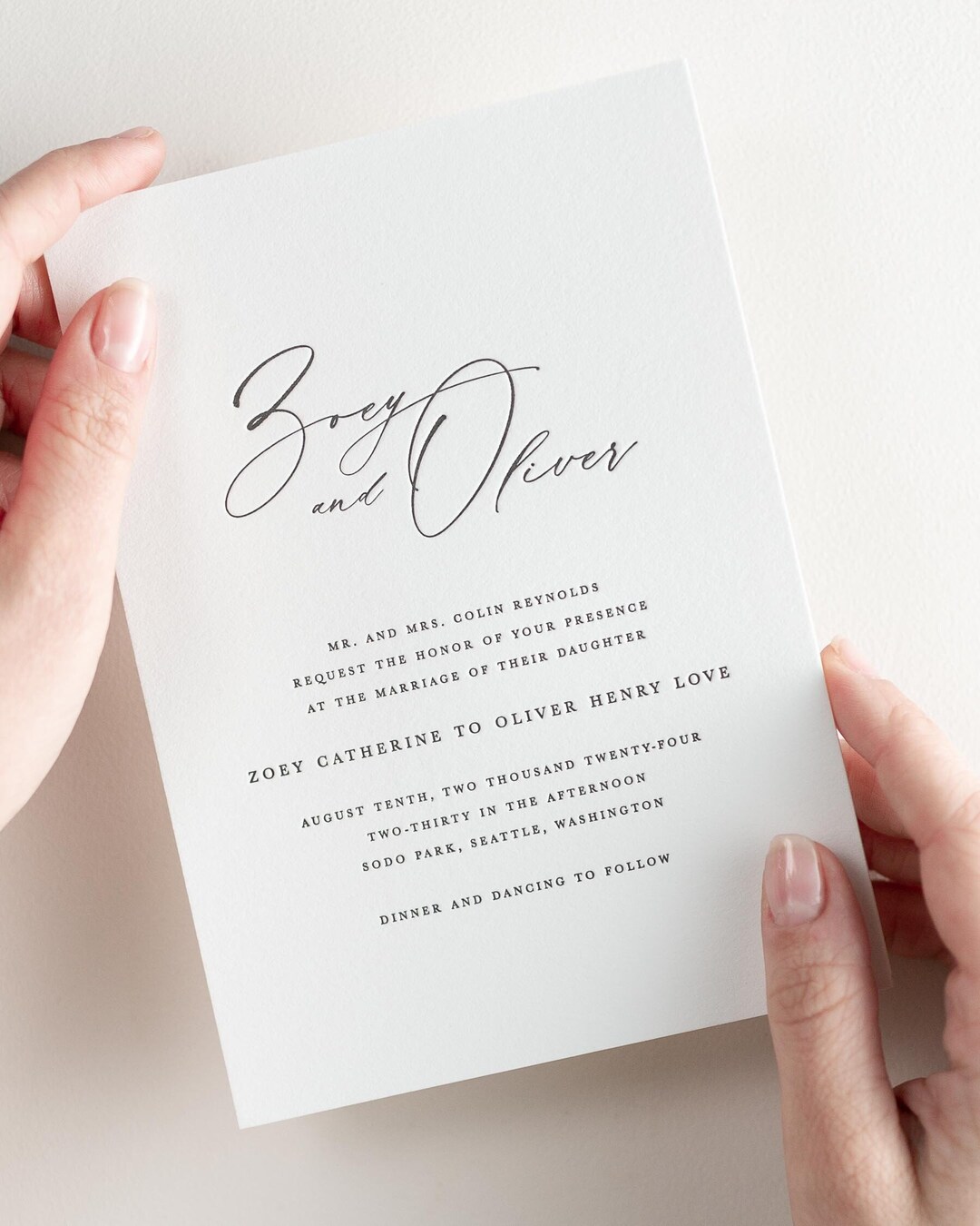 Zoey Letterpress Wedding Invitations: Classic Script, Large Names - Etsy