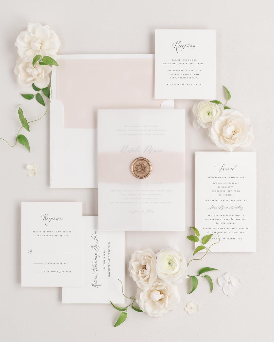 Natalie Vellum Wedding Invitation - Script Invite, Classic, Pink, Rose Gold, Ribbon, Vellum ...
