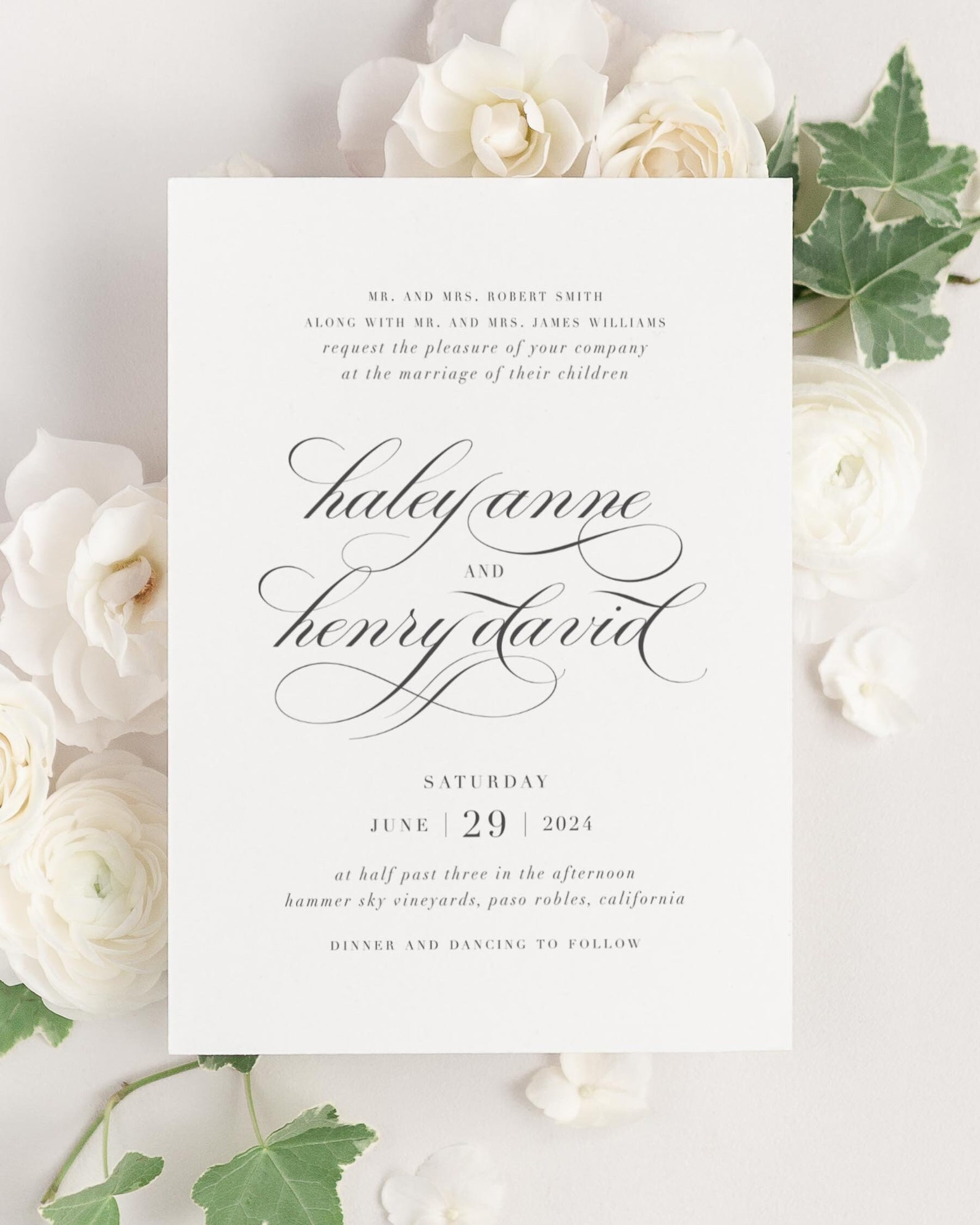 Haley Wedding Invitations Sample: Script Calligraphy, Ribbon & Rose ...