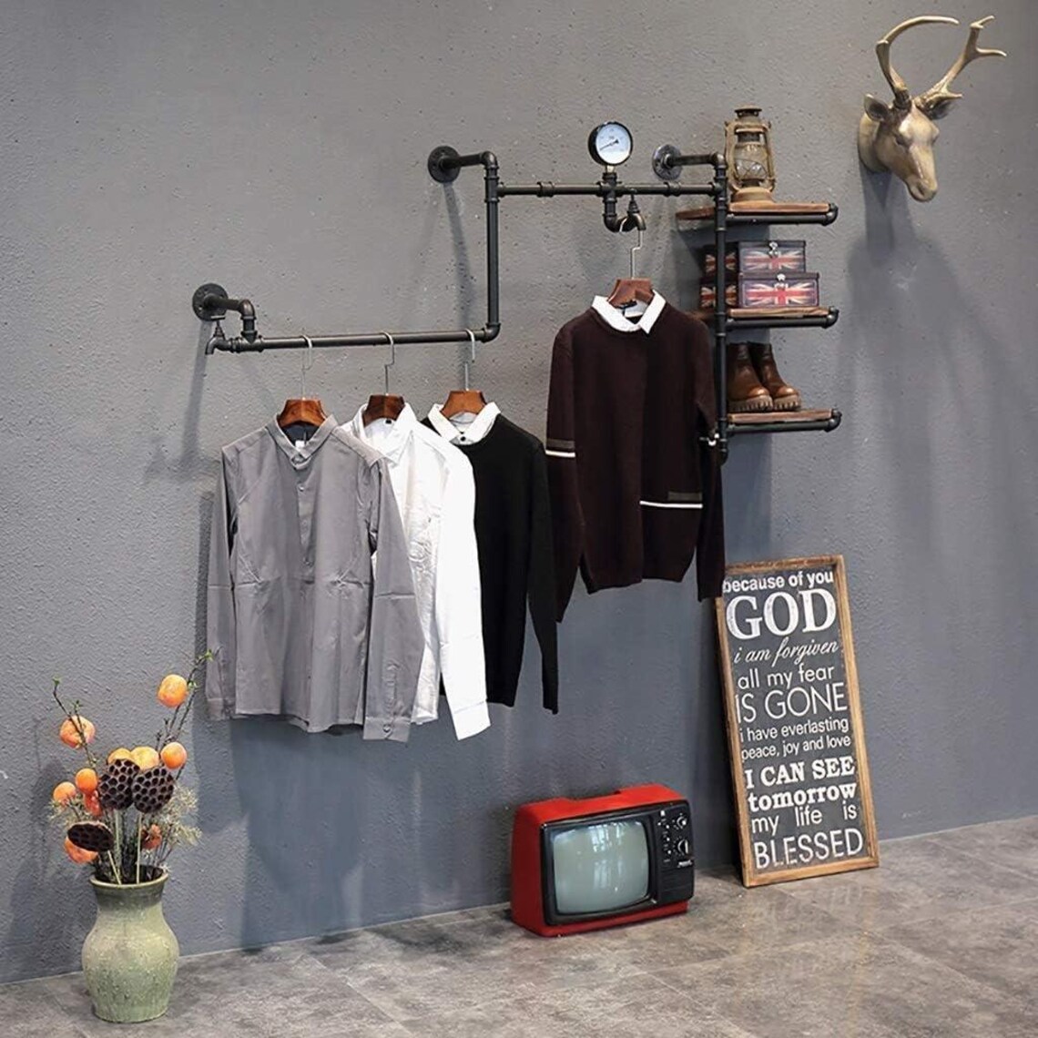 Industrial Pipe Clothing Rack, Wall Mounted Garment Rack, Vintage Metal ...