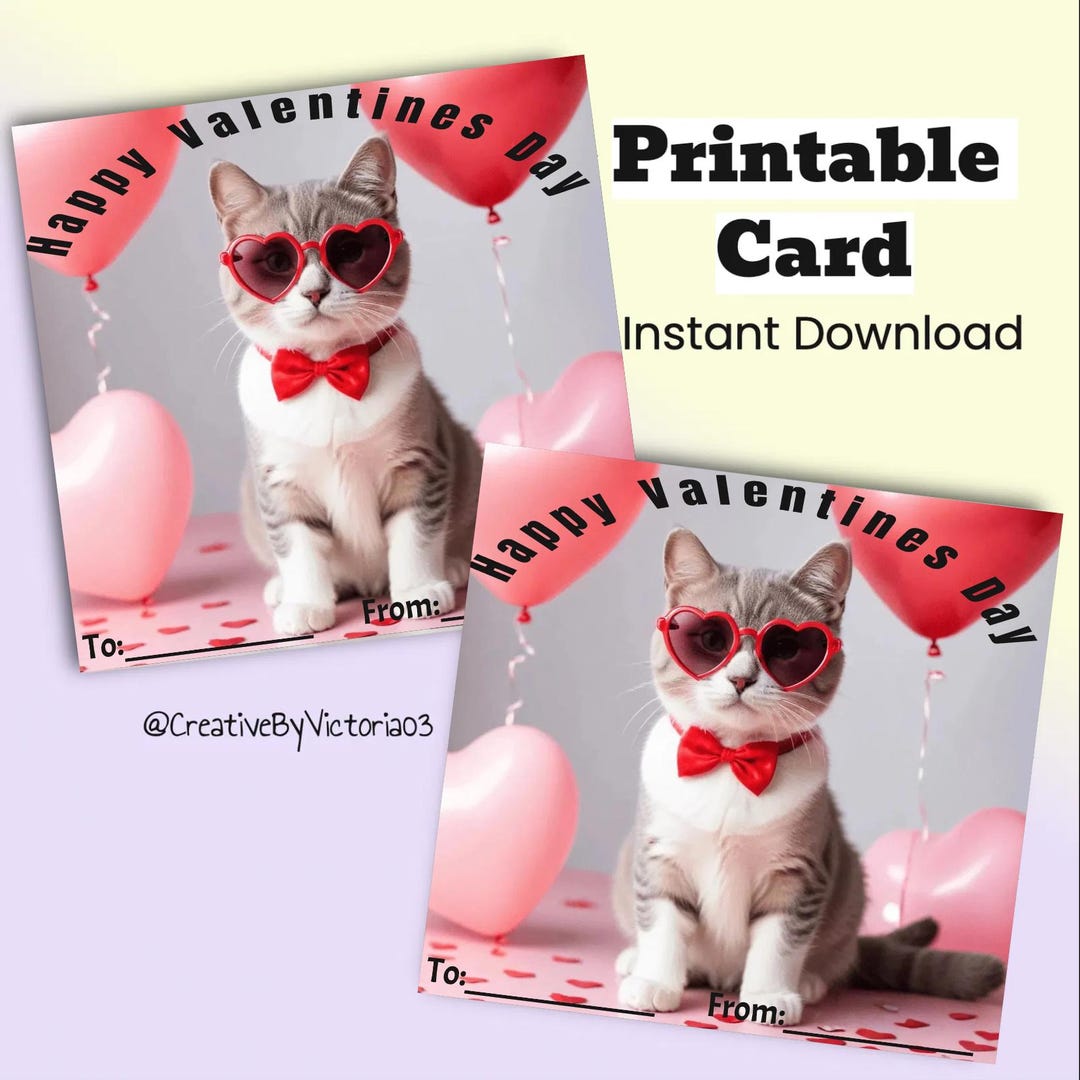 Cat Valentine Card, Kitty Valentine Card, Valentines Day Card for Kids ...