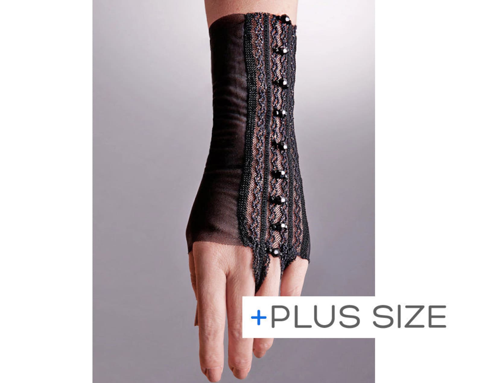 Short Black PLUS SIZE Gloves With Beads,short Gloves,black Lace Gloves ...