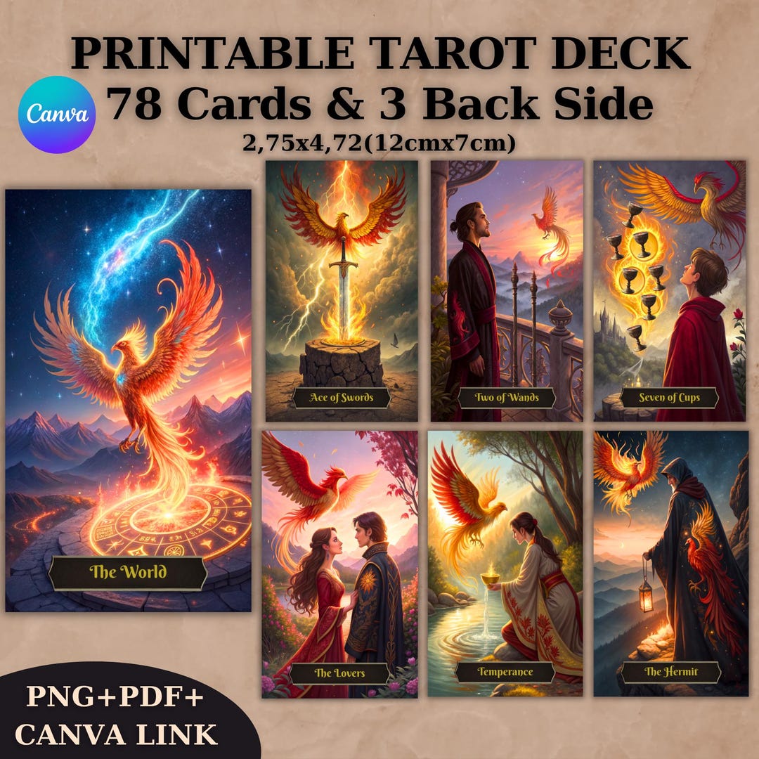 78 Cards Phoenix Tarot Deck,printable Tarot Deck,digital Cards Deck ...