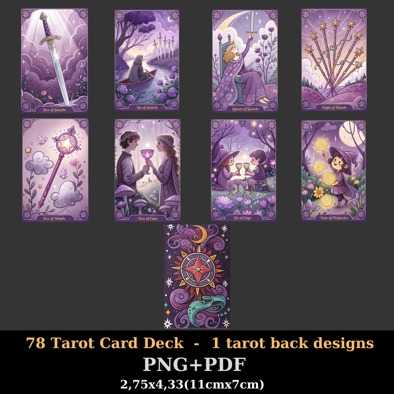 78 Tarot Deck, Purple Tarot Card Printable Color Fantasy Design, Unique ...