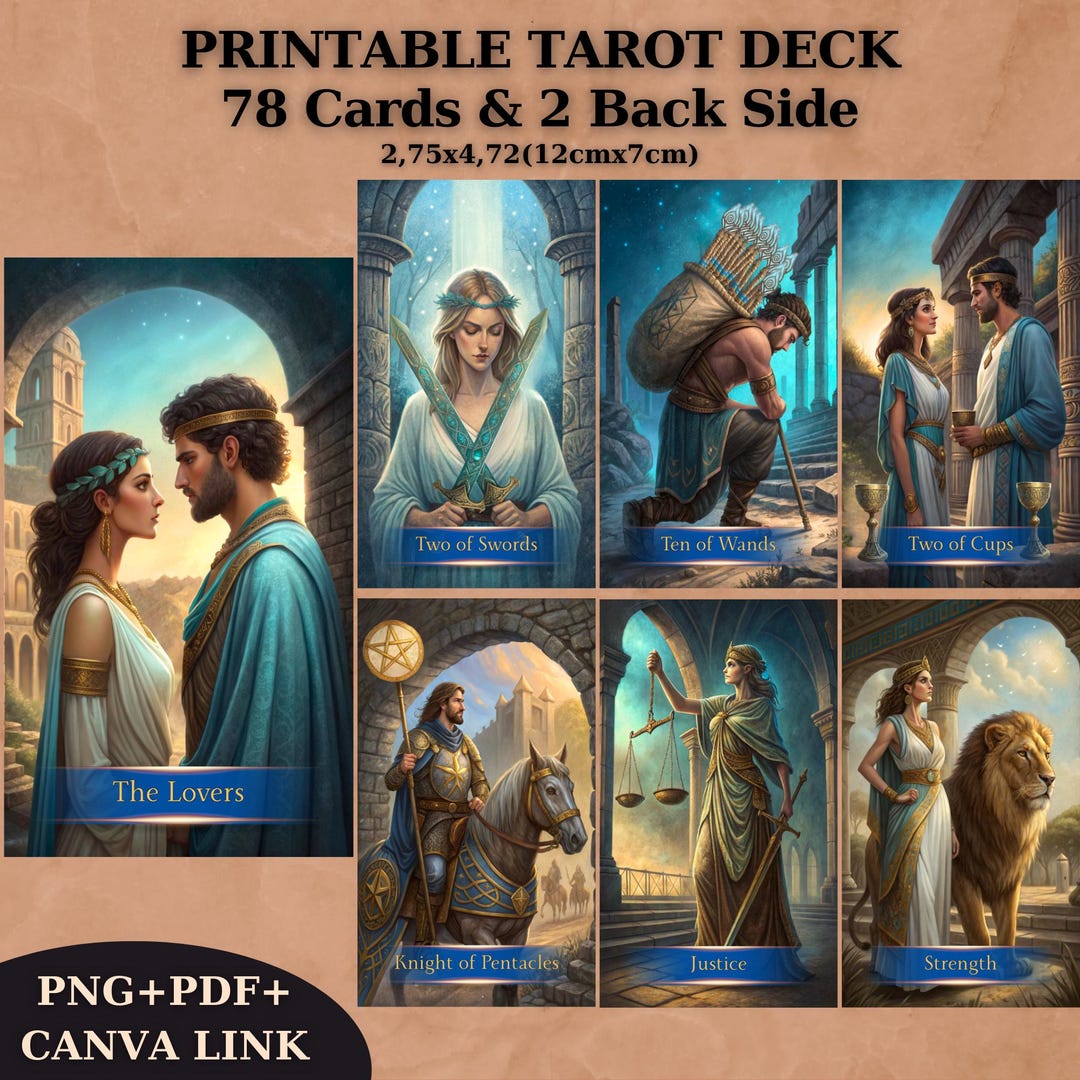 Tarot Deck Ancient Patina Blue, Unique Cards, Printable Digital ...