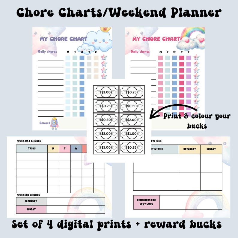 Reward Money Chart / Weekly Chore Chart / Weekend Activities Chart ...