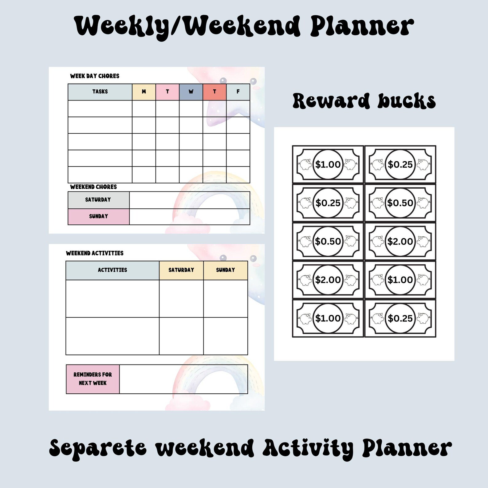 Reward Money Chart / Weekly Chore Chart / Weekend Activities Chart ...