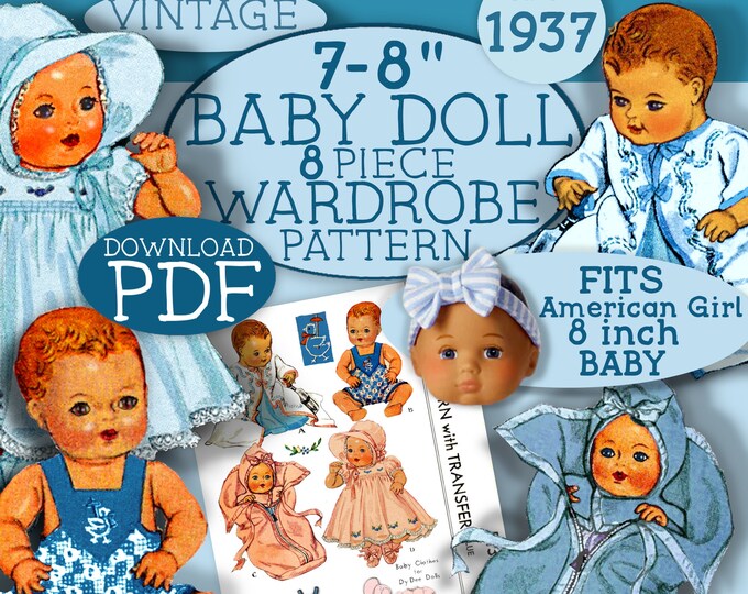 7 and 8 Inch Baby Doll 8pc Doll Clothes Vintage Pattern Dress Bonnet ...