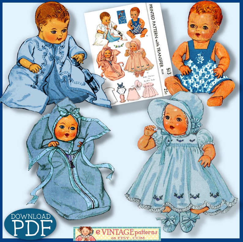 7 and 8 Inch Baby Doll 8pc Doll Clothes Vintage Pattern Dress Bonnet ...