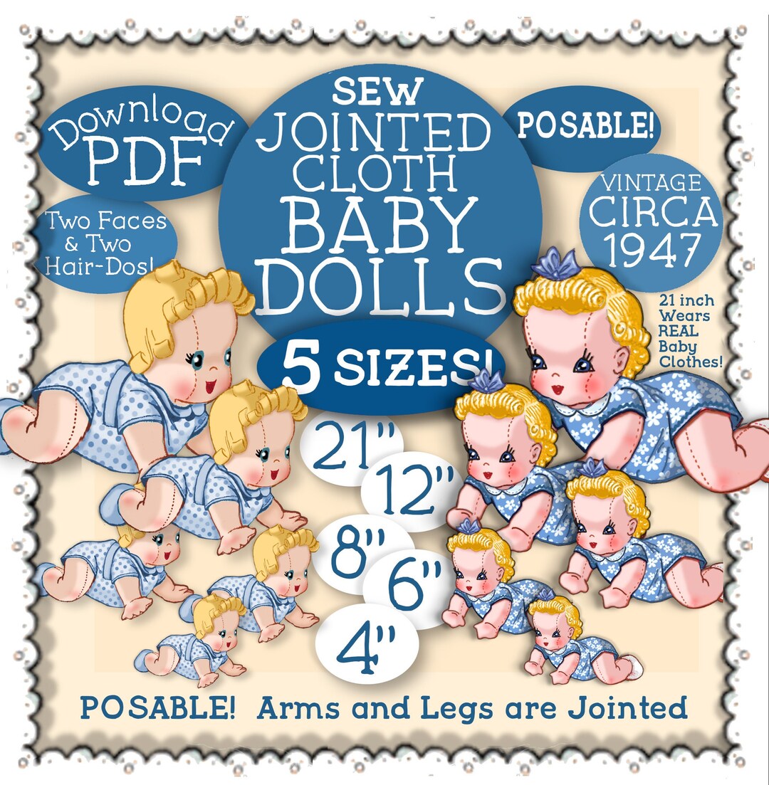 Sew 5 Sizes Sweet BABY DOLL E-pattern 4 6 8 12 21 Inch Dolls Vintage ...