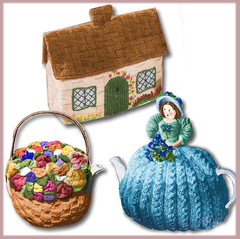 TEA COZY Vintage Knitting E-pattern Cottage, Lady, Basket of Flowers ...