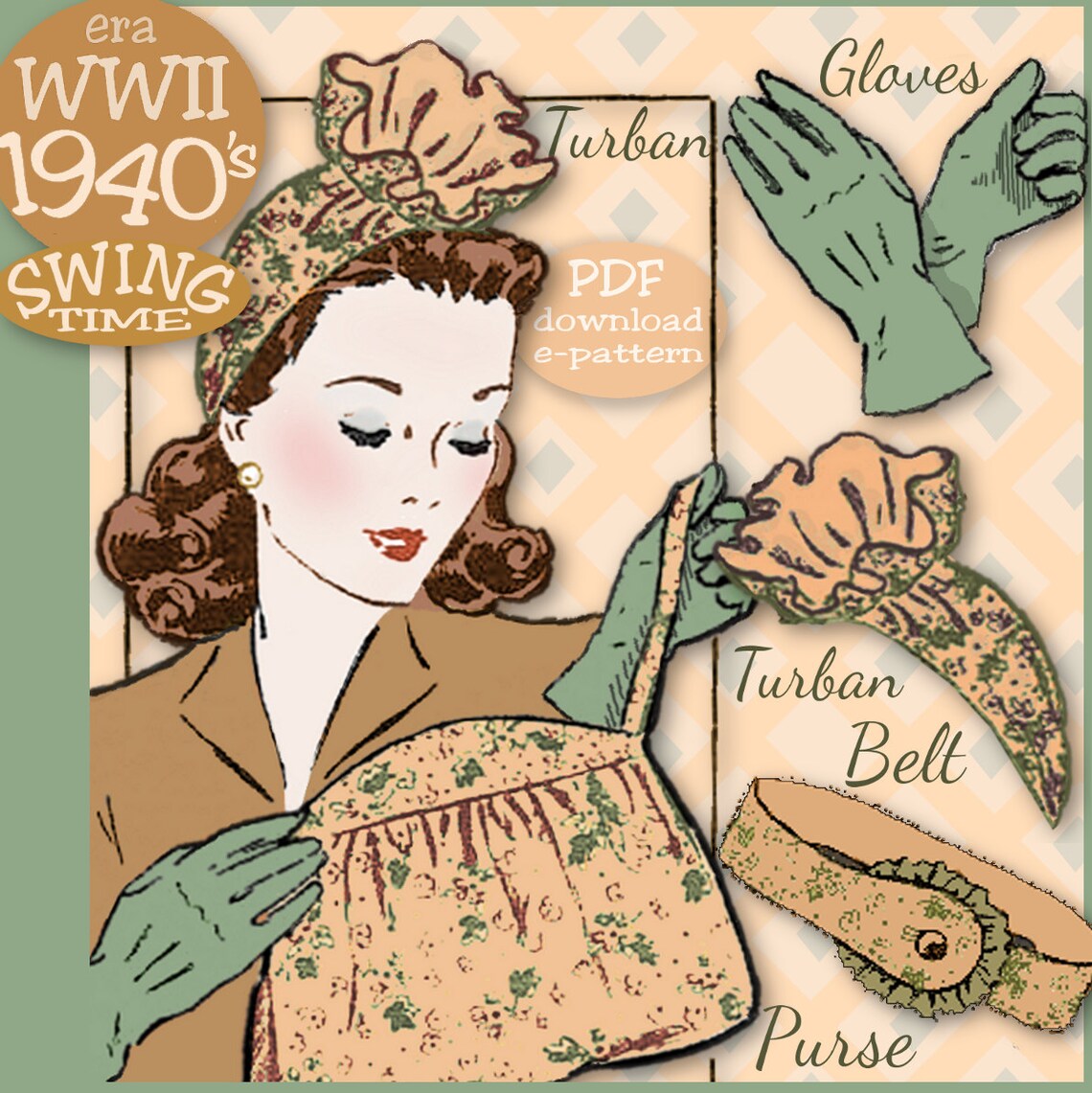 1940's Ruffled TURBAN Hat GLOVES, Belt, Purse Bag Vintage E-pattern ...