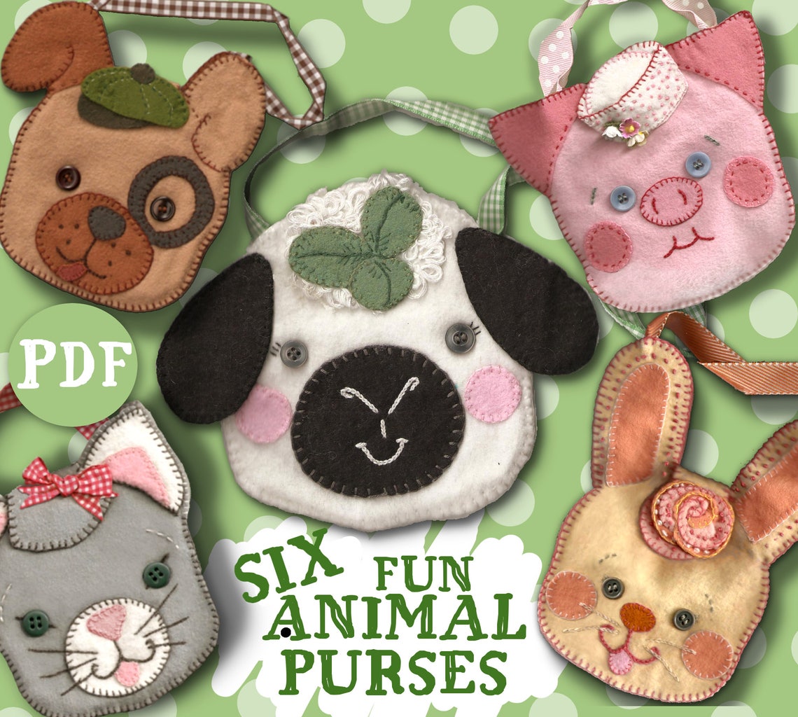 6 SWEET Animal FELT PURSES Lamb Doggie Kitty Piggy Mousie - Etsy Canada